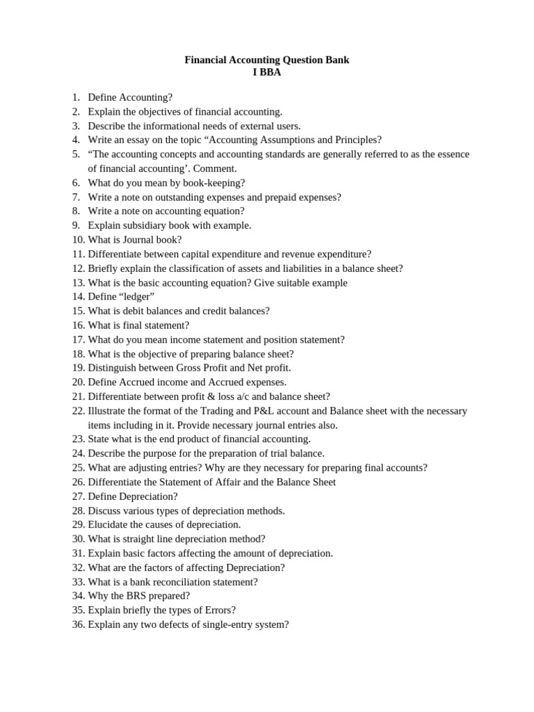 I BBA Financial Accounting Question Bank | PDF | Financial Accounting ...