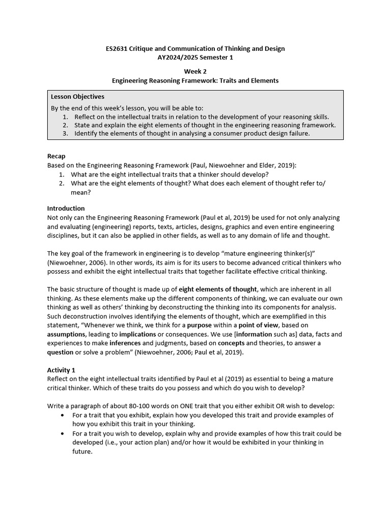 AY24 - 25 S1 Week 2 Engineering Reasoning Framework Traits and Elements Tutorial Handout | PDF ...