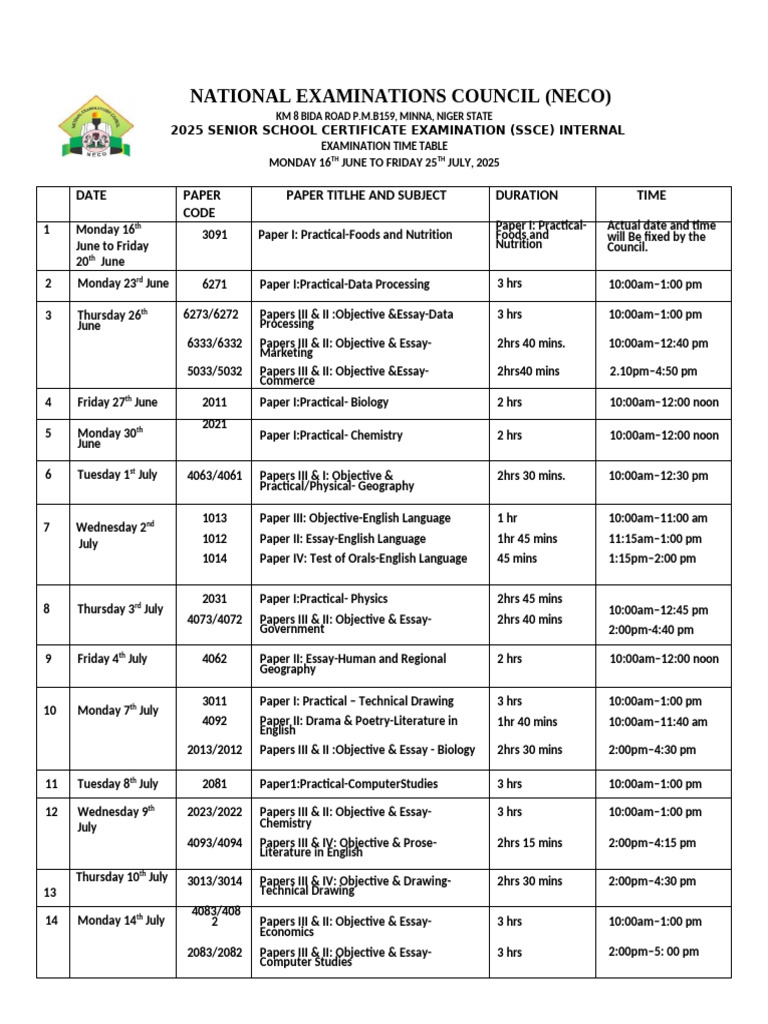 NECO 2025 SSCE Exam Timetable | PDF