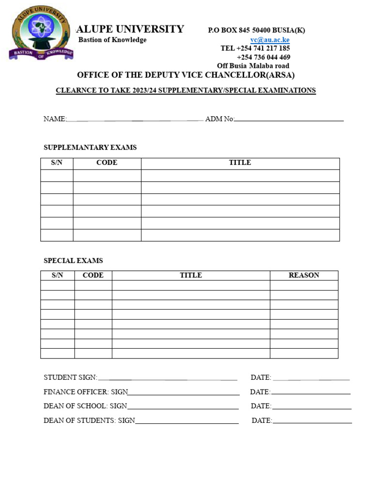 Alalupe University Exam Clearance Form | PDF
