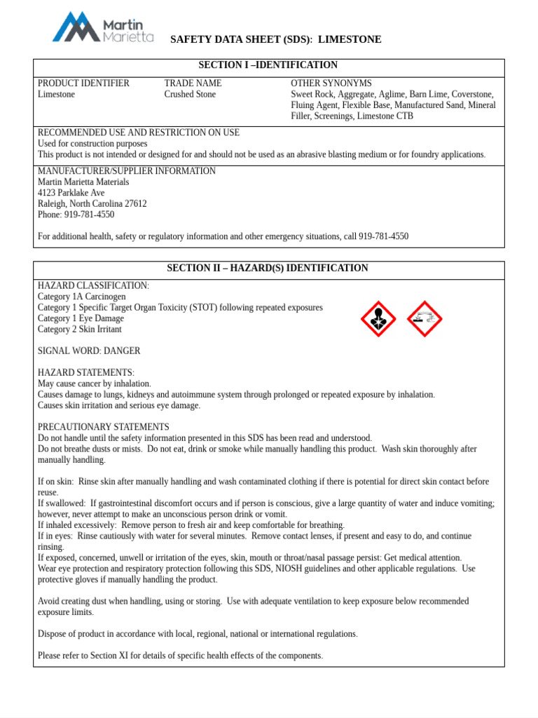 Limestone Safety Data Sheet (SDS) | PDF | Occupational Safety And ...