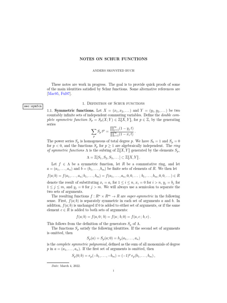 Schur Functions: Definitions and Identities | PDF | Combinatorics ...