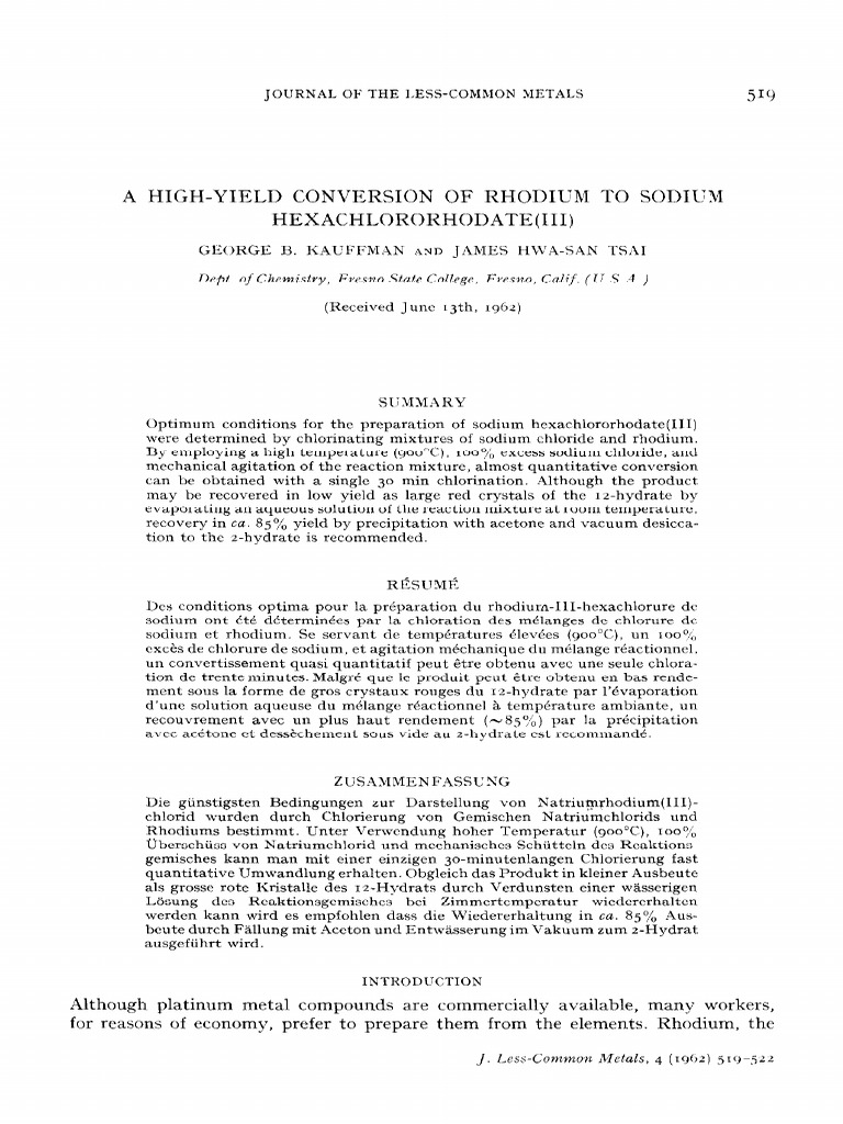 A High Yield Conversion of Rhodium To Sodium He 1962 Journal of The Less Com | PDF | Chlorine ...
