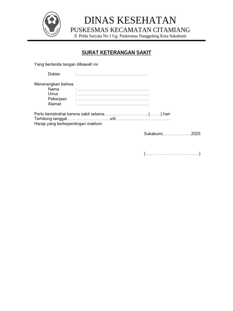 Surat Keterangan Sakit Puskesmas Citamiang | PDF