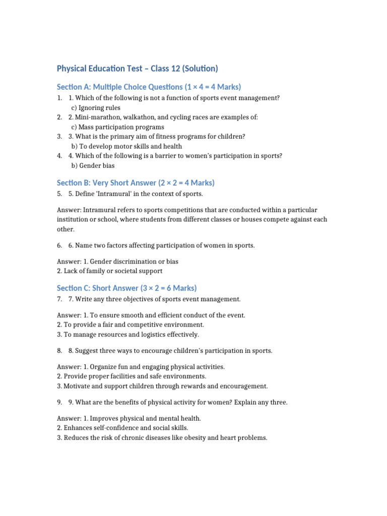Class 12 Physical Education Solutions | PDF | Sports