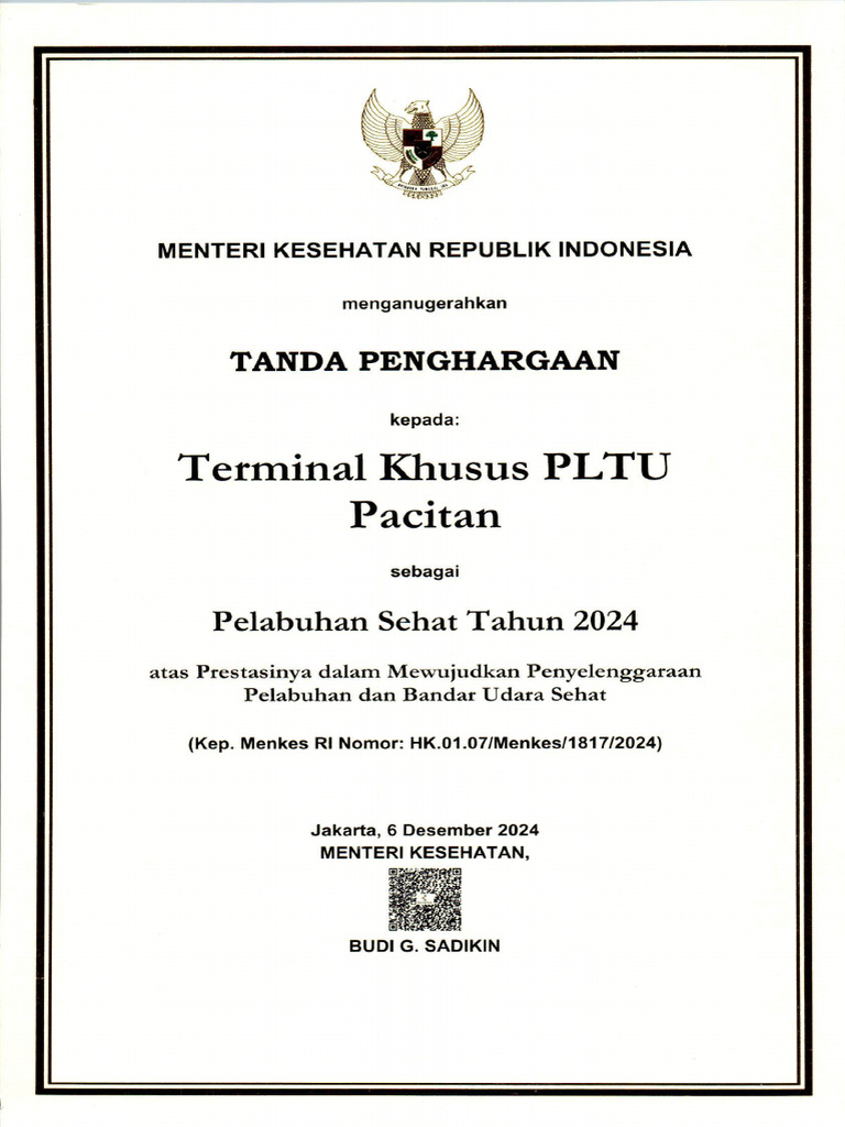Tanda Penghargaan Terminal Khusus PLTU Pacitan SBG Pelabuhan Sehat ...