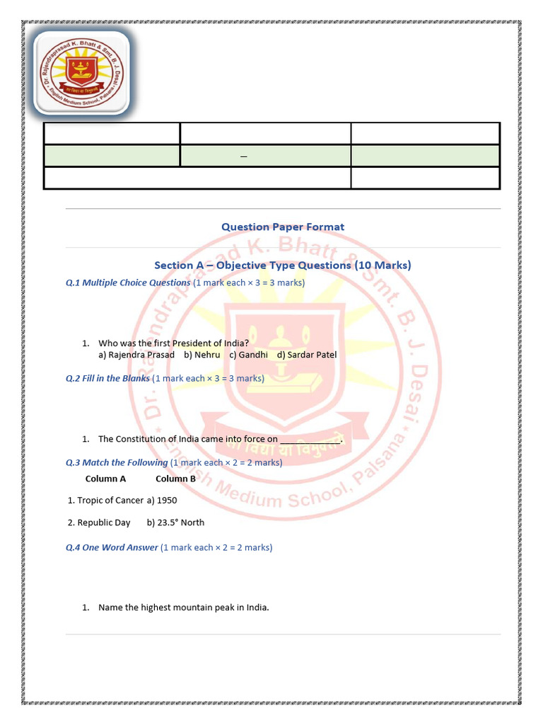 1st Unit Test Paper Format 9th | PDF
