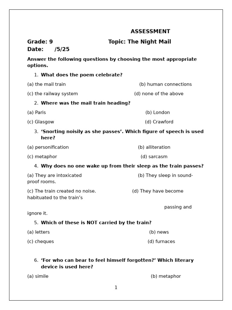 Assessment MCQ | PDF | Mail | Poetry