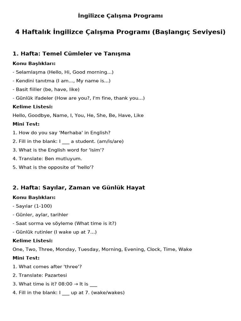 Ingilizce Calisma Programi Baslangic | PDF