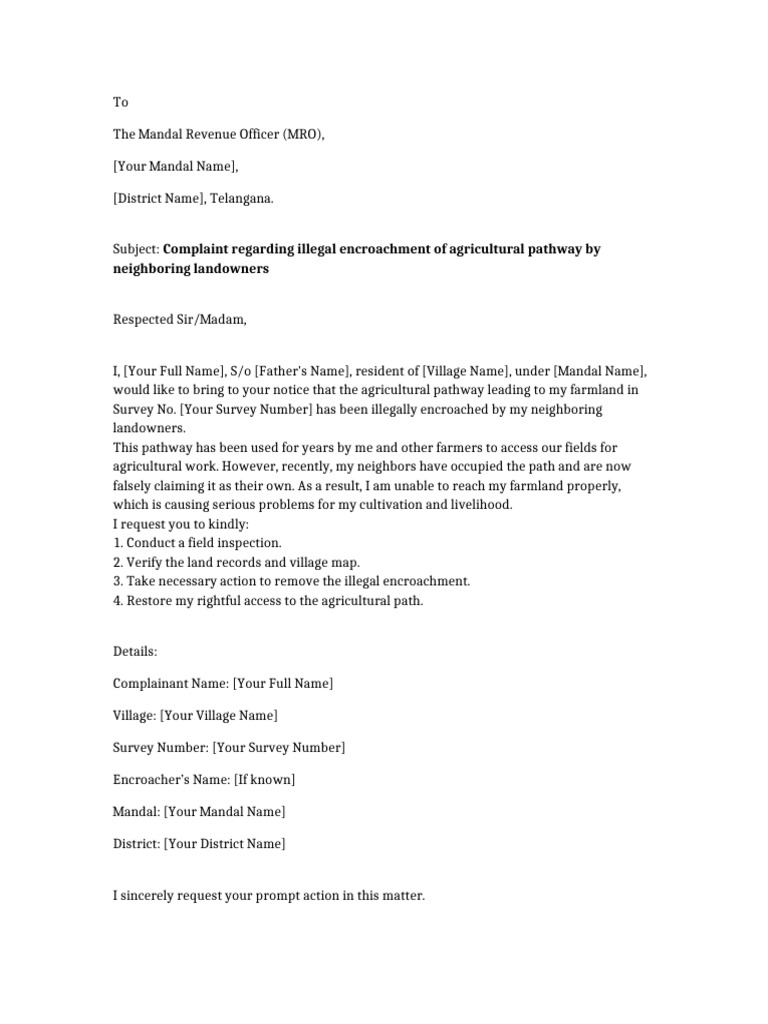 Complaint To MRO Agricultural Path Encroachment | PDF
