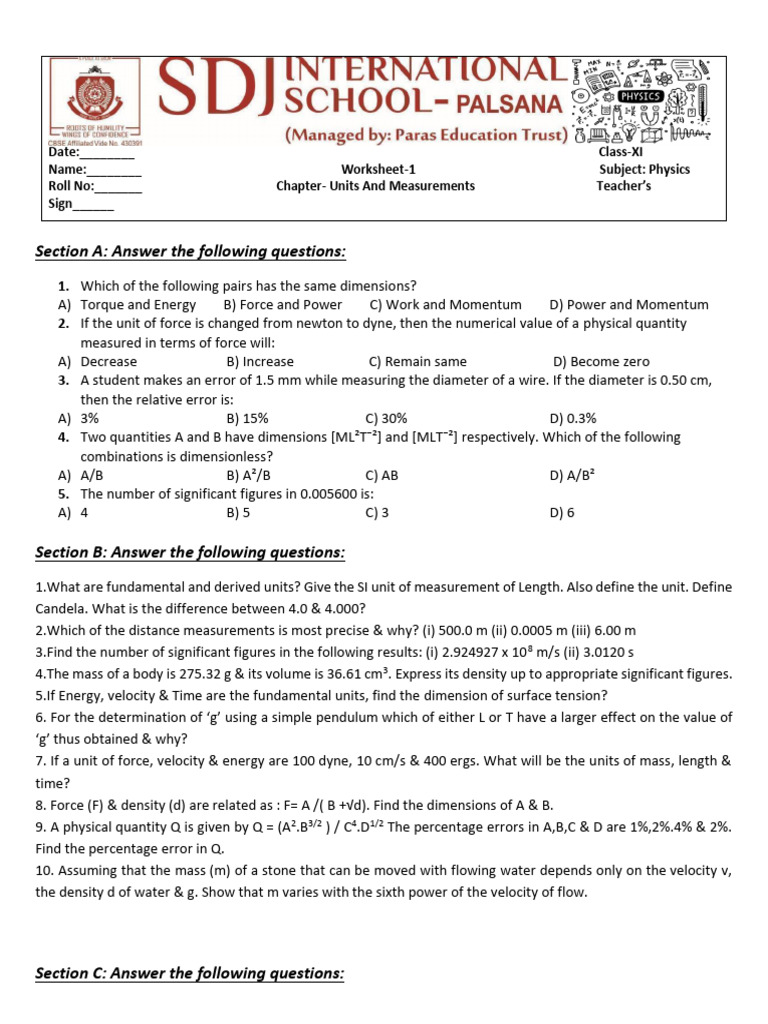 Class 11 Physics: Units & Measurements Worksheet | PDF | Significant ...