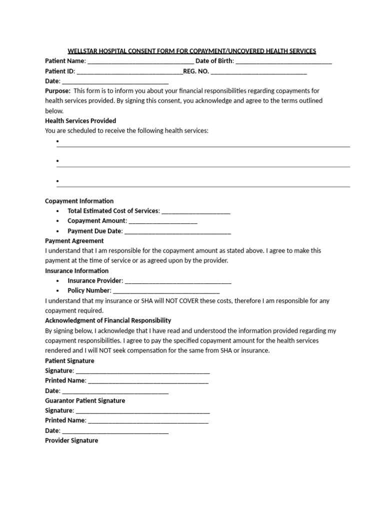 Wellstar Hospital Consent Form For Copayment For Health Services | PDF