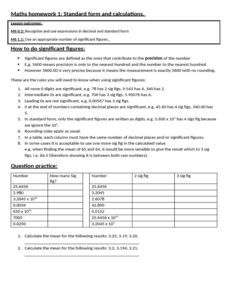 Maths Homework 1 - Sig Fig and Sig Fig Calc | PDF | Significant Figures ...