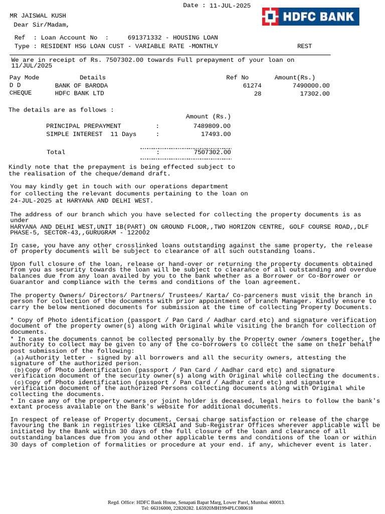Emi Prepayment Letter 451747 | PDF | Loans | Banks