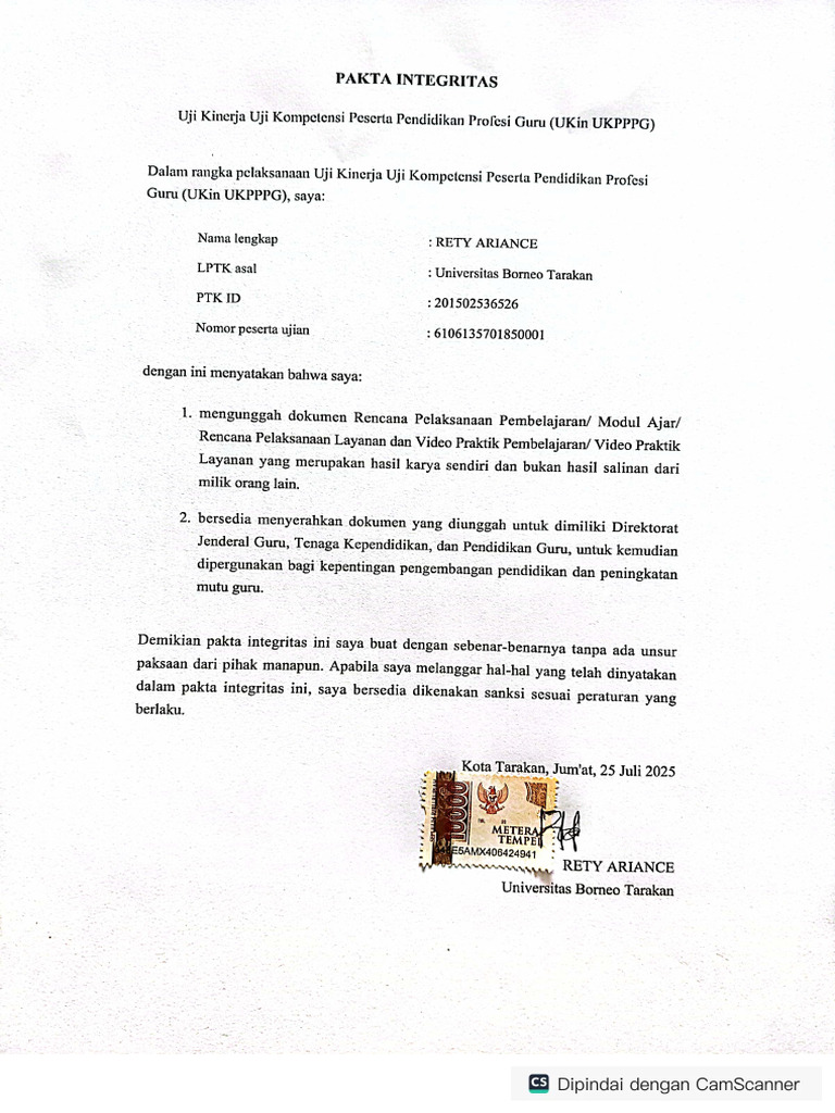 Pakta Integritas - Rety Ariance | PDF