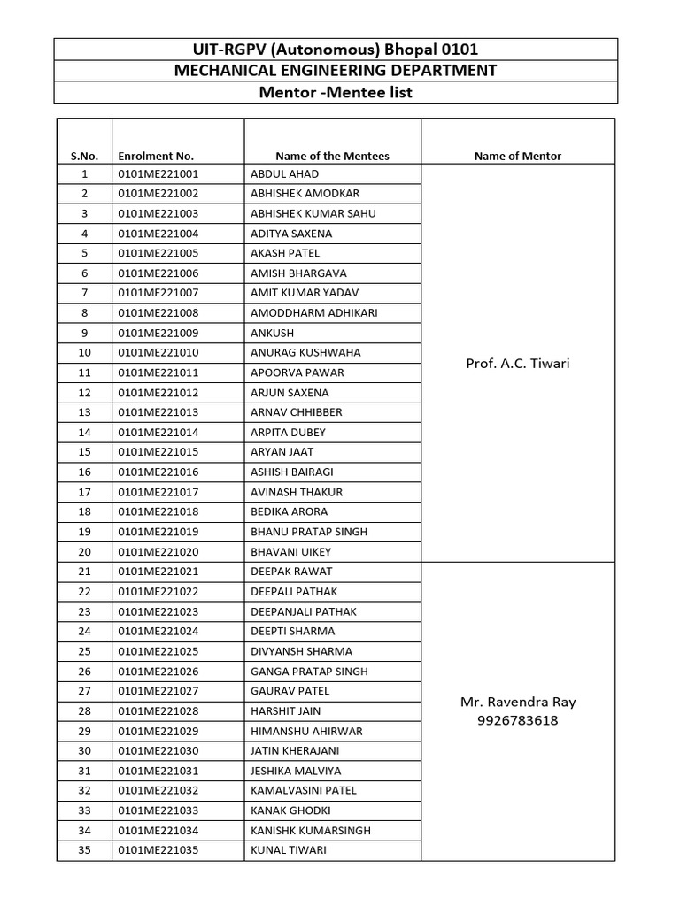 4th Year Mentor Mentee List | PDF