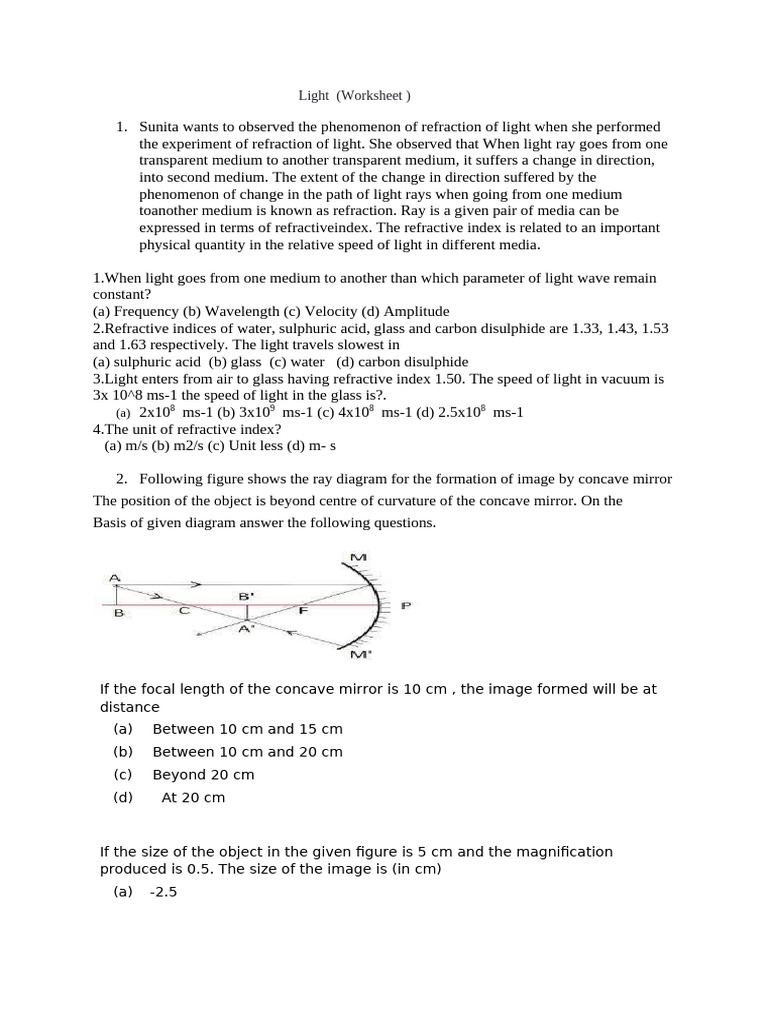 Refraction and Concave Mirror Worksheet | PDF