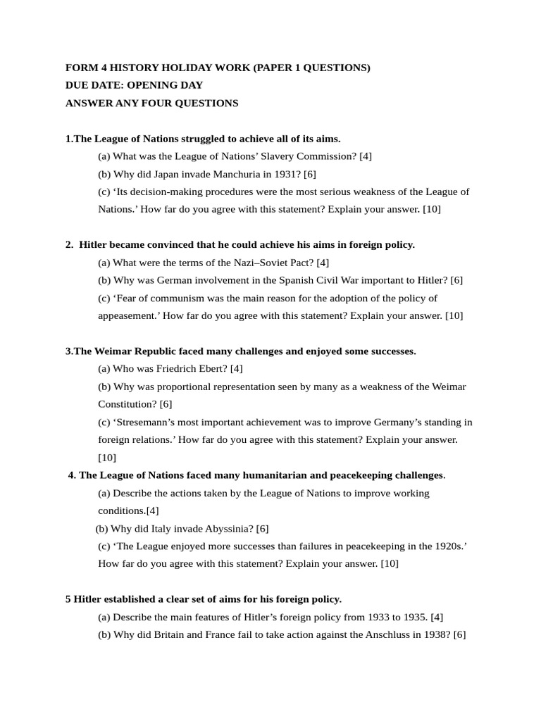 Form 4 History Holiday Work 1 | PDF | League Of Nations | Nazi Germany