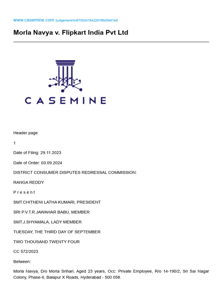 Morla Navya v. Flipkart India PVT LTD | PDF | Ex Parte
