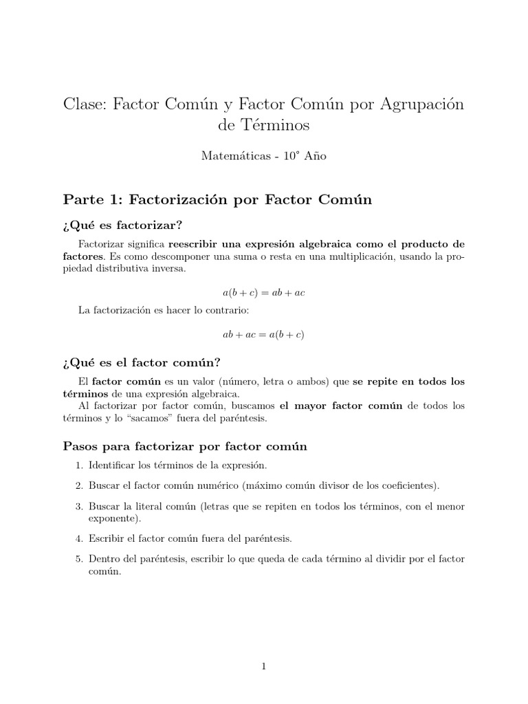 Factorizacion 10mo Año Factor Comun y Agrupacion | PDF | Factorización ...