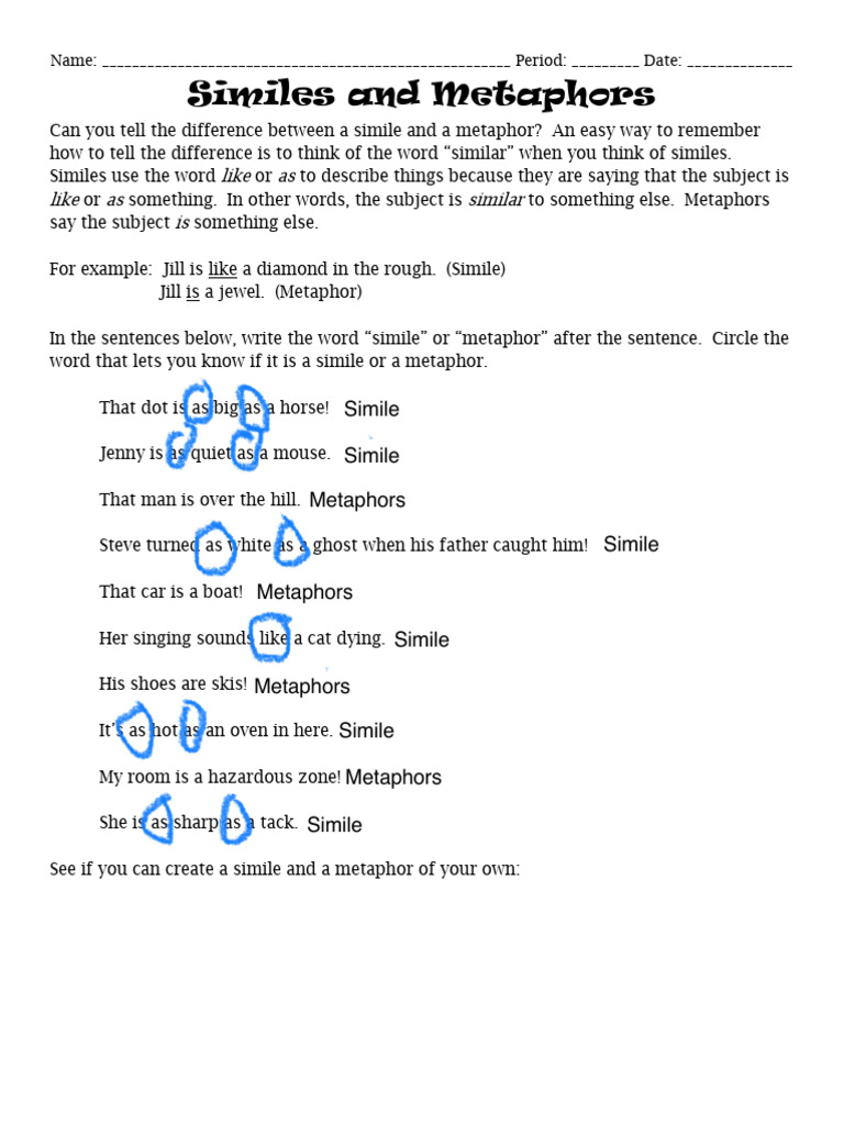 Lesson 11 Similes and Metaphors Worksheet | PDF | Metaphor