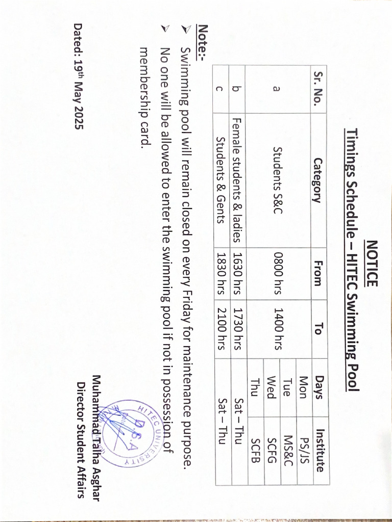 Timming Schedule - HITEC Swimming Pool | PDF