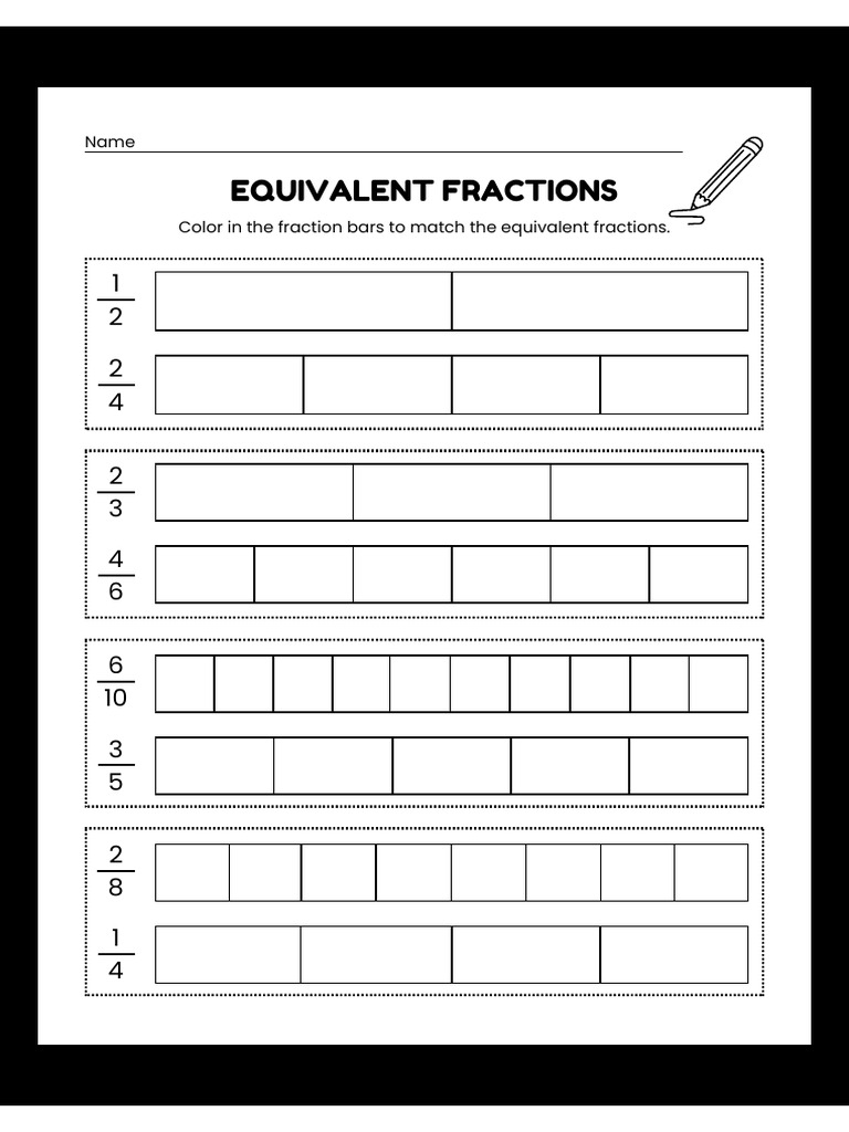 Equivalent Fractions Worksheet in Black and White Lined Style | PDF