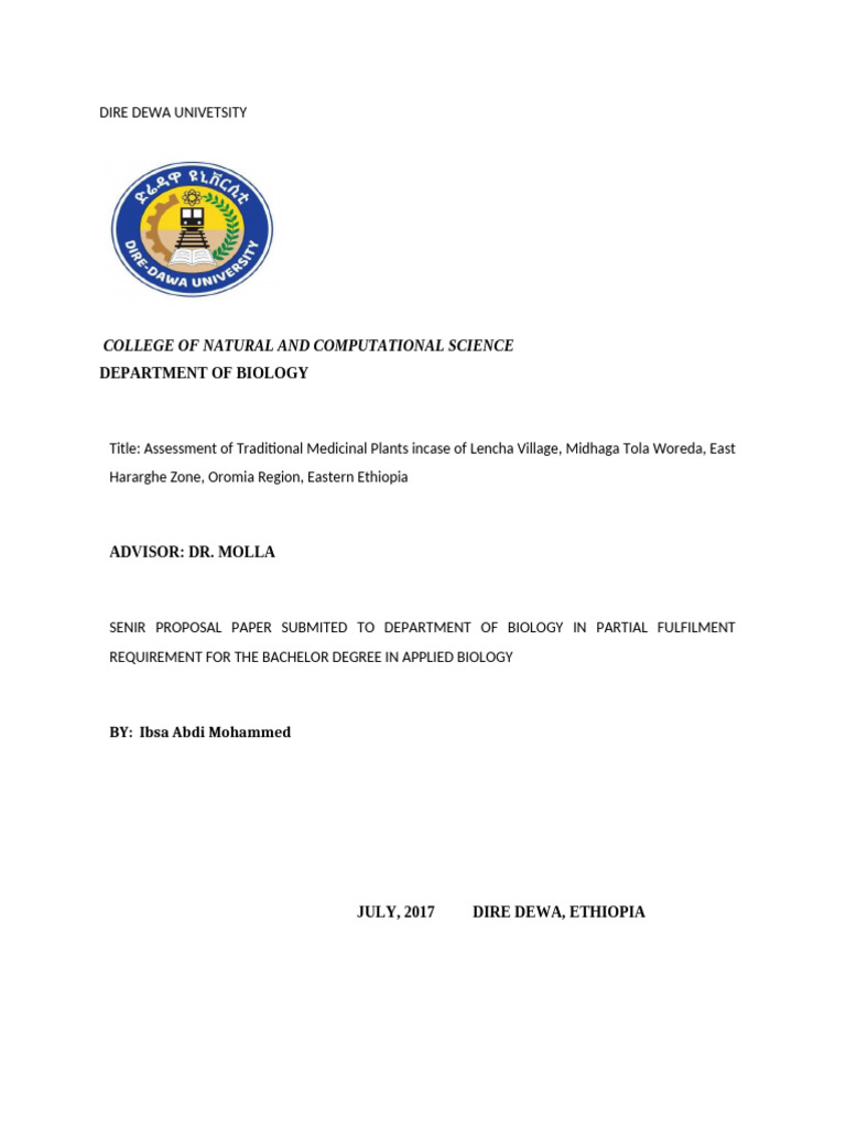 Ibsa Abdi Mohammed Proposal 2017 | PDF | Conservation Biology | Traditional Medicine