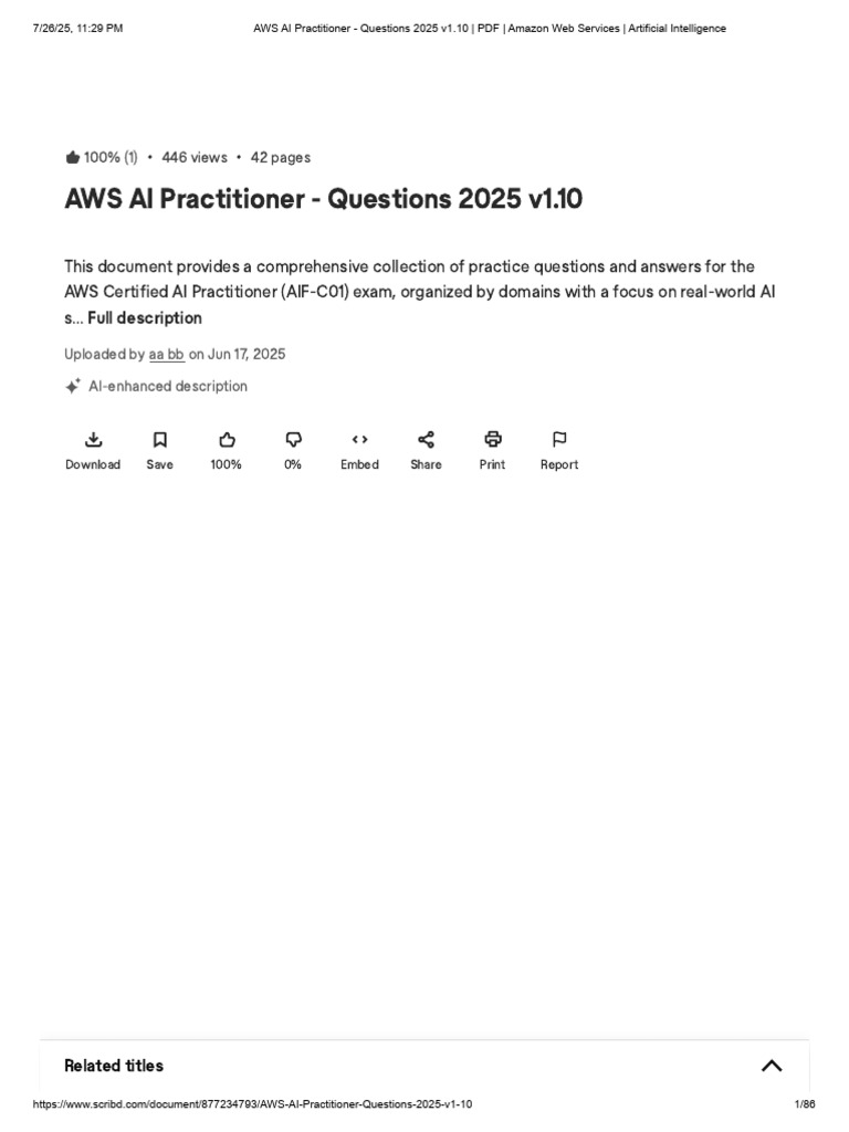 AWS AI Practitioner - Questions 2025 v1.10 - PDF - Amazon Web Services - Artificial Intelligence ...
