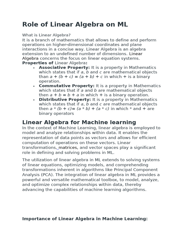 Linear Algebra's Role in Machine Learning | PDF | Matrix (Mathematics ...
