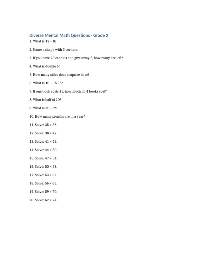 Diverse Mental Math Grade 2 | PDF