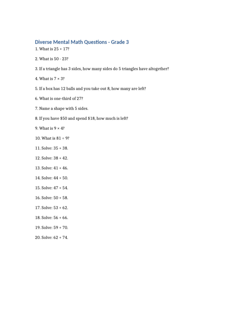 Diverse Mental Math Grade 3 | PDF
