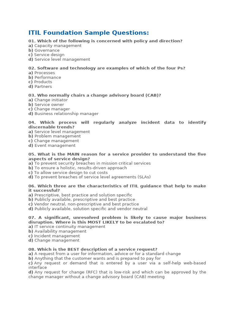 ITIL Foundation Sample Questions | PDF | Incident Management | Service Level Agreement