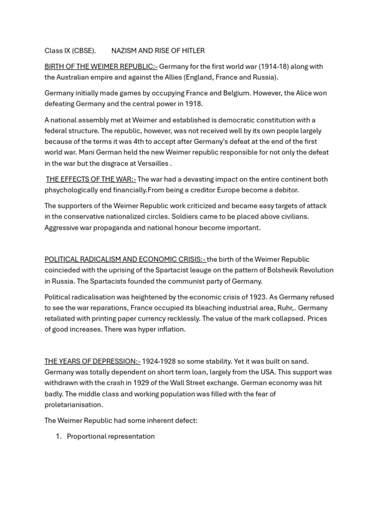 Nazism and Hitler's Rise: Class IX Notes | PDF | Weimar Republic | Nazi ...