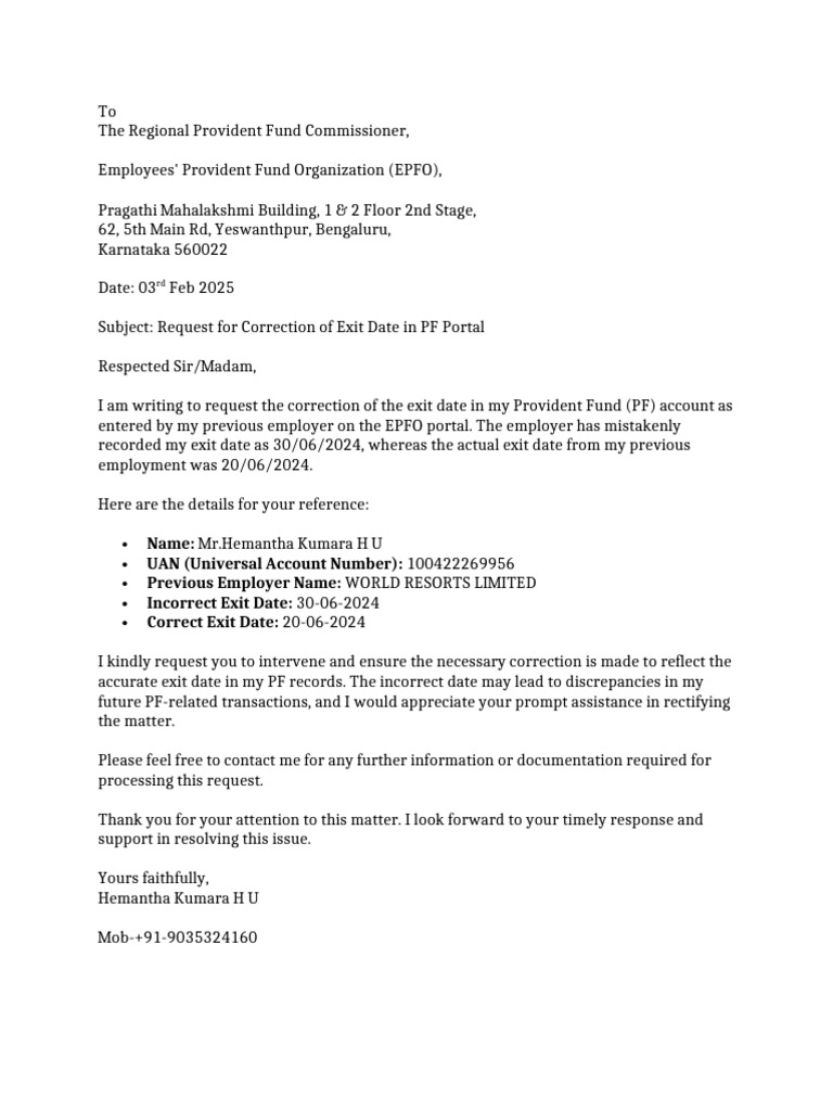 Request to Correct PF Exit Date | PDF