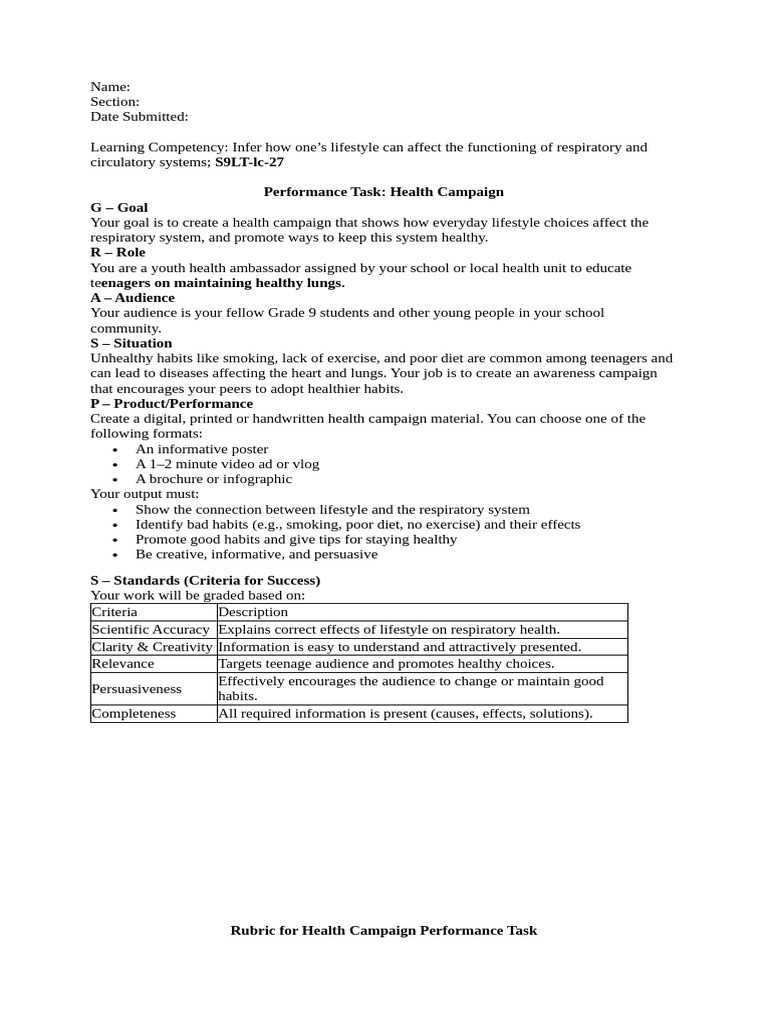 Performance Task Respiratory System | PDF | Adolescence | Psychological Concepts