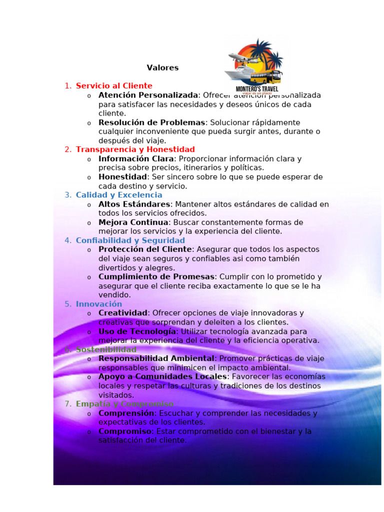 Valores Monteros Travel Correcto | PDF | Calidad (comercial) | Cliente
