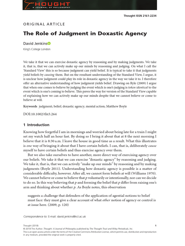 Judgment's Role in Doxastic Agency | PDF | Reason | Thought