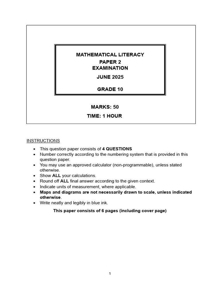 Mathematical Literacy Grade 10-Paper 2 June Exam 2025. | PDF | Classroom