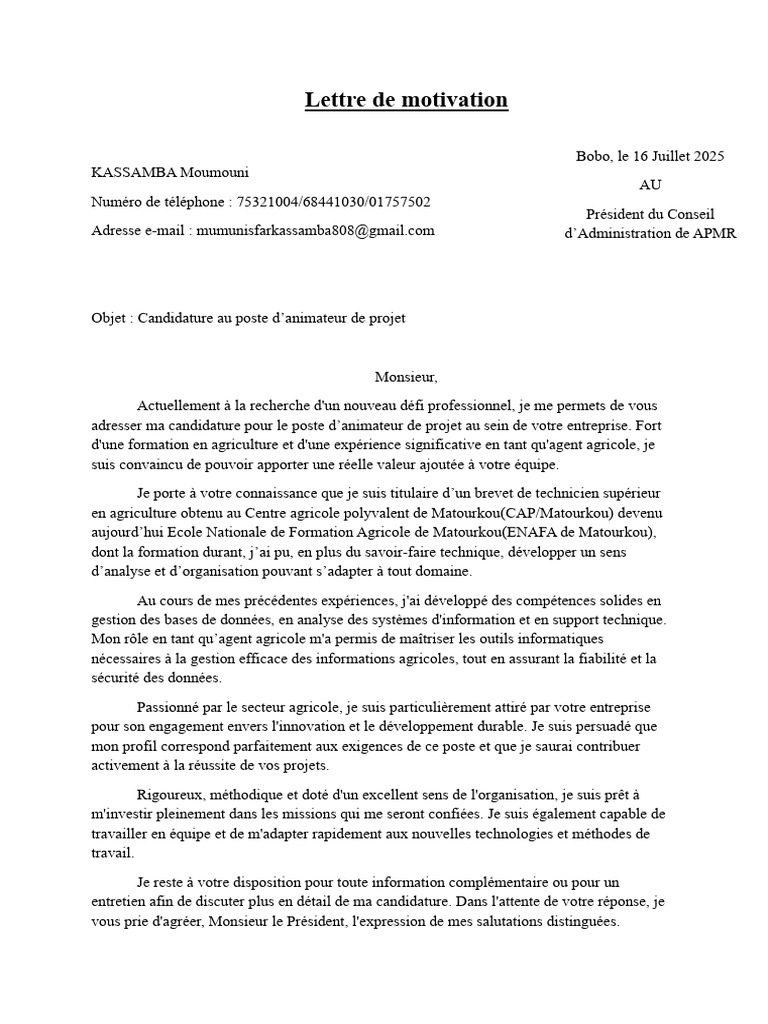 Candidature Animateur de Projet Agricol | PDF | Business