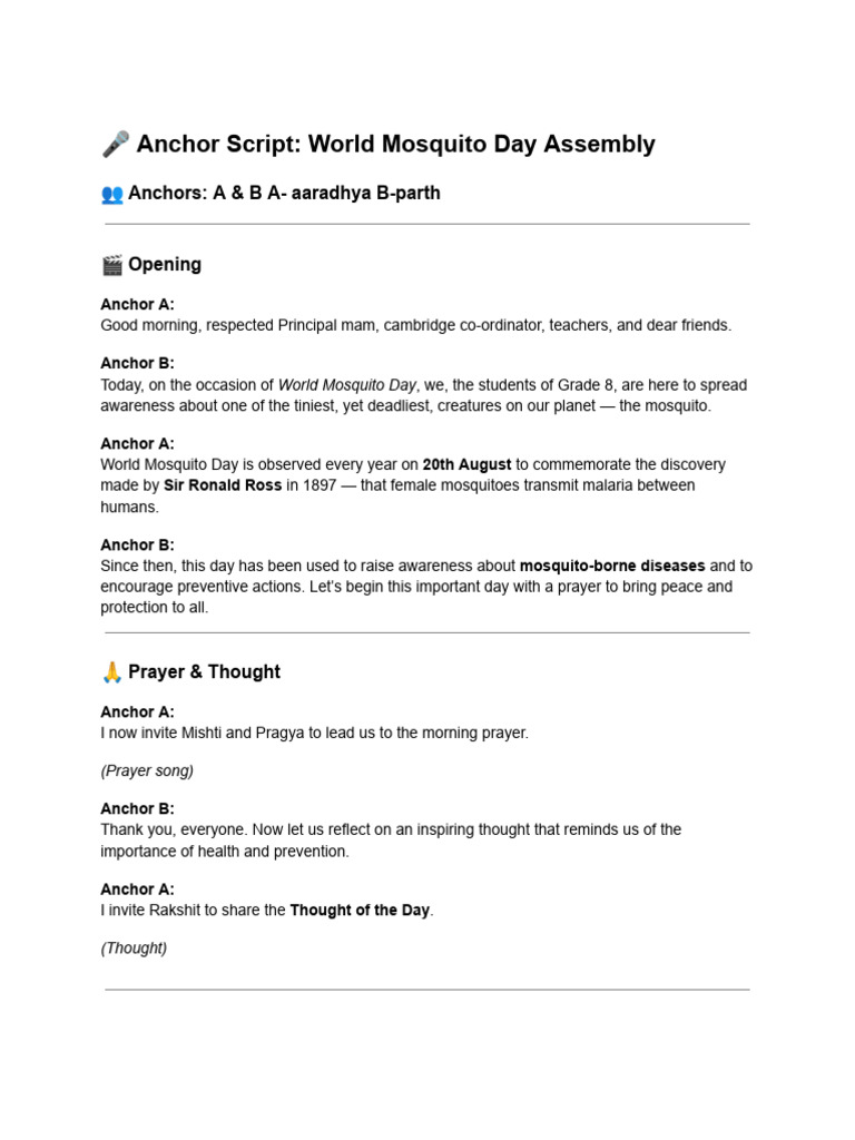 World Mosquito Day Awareness Assembly | PDF | Insects And Humans