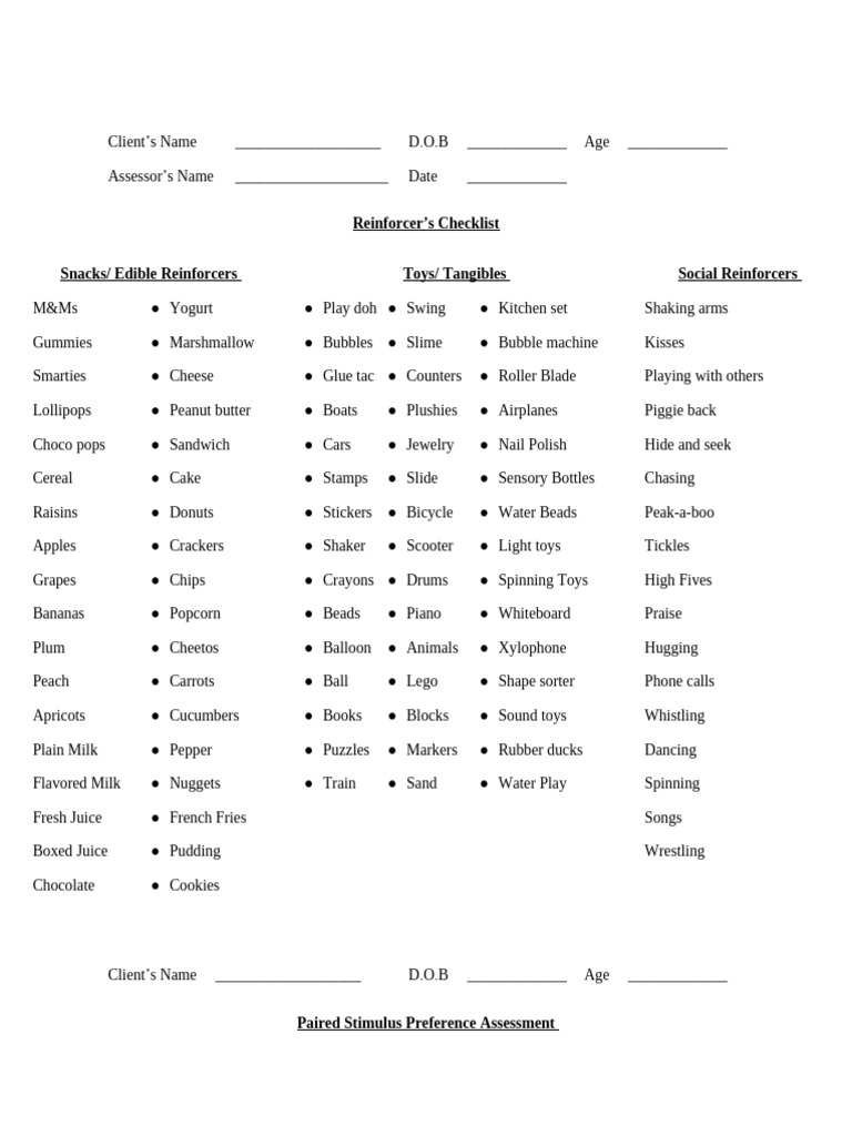 Preference Assessment Data Sheet | PDF | Cuisine | Foods