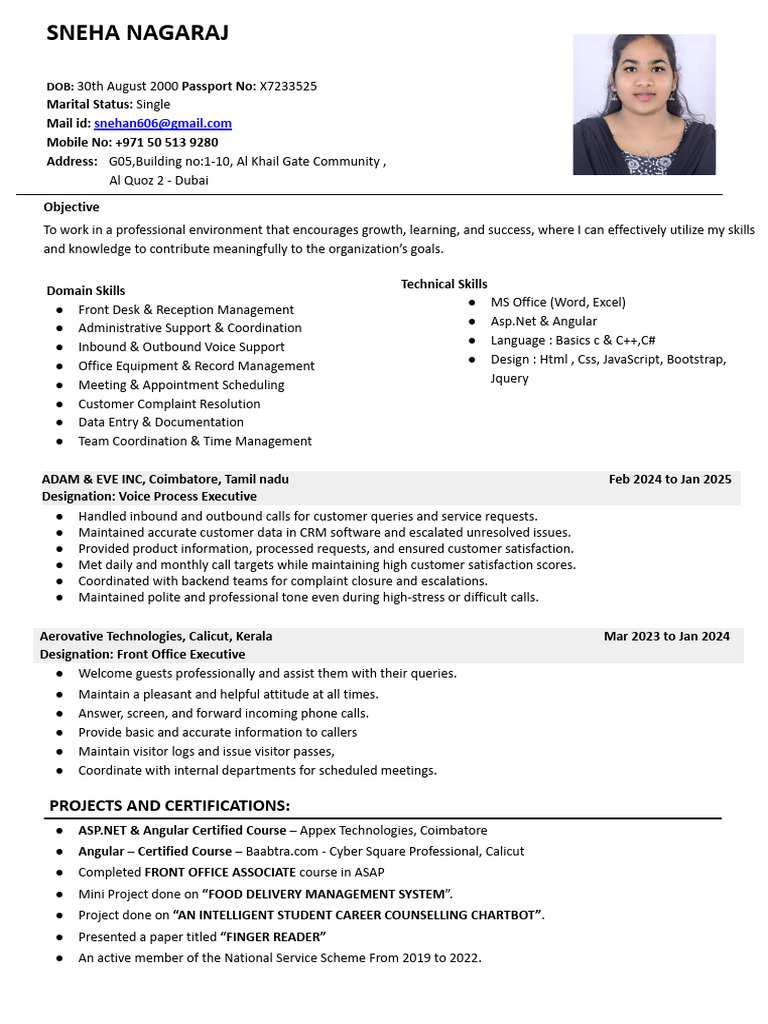 Resume Sneha Nagaraj | PDF | Computing