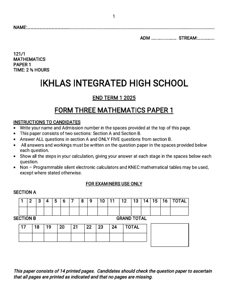 t1 Mathematics f3 Pp1 Qs | PDF | Area | Angle