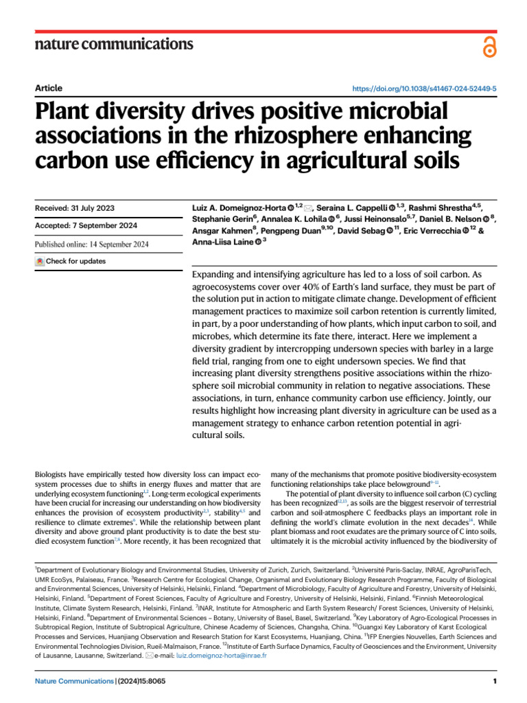Plant Diversity Drives Positive Microbial Associations in the Rhizosphere Enhancing Carbon Use ...