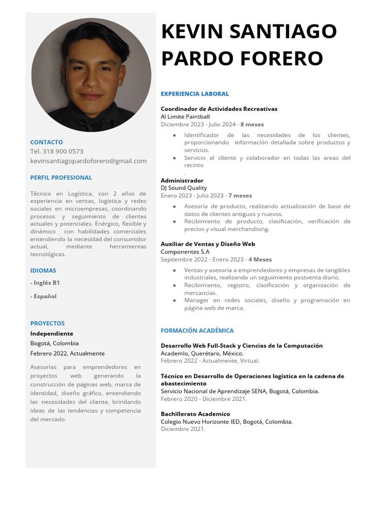 CV Kevin Santiago Pardo Forero 2024 | PDF | Logística | Red mundial