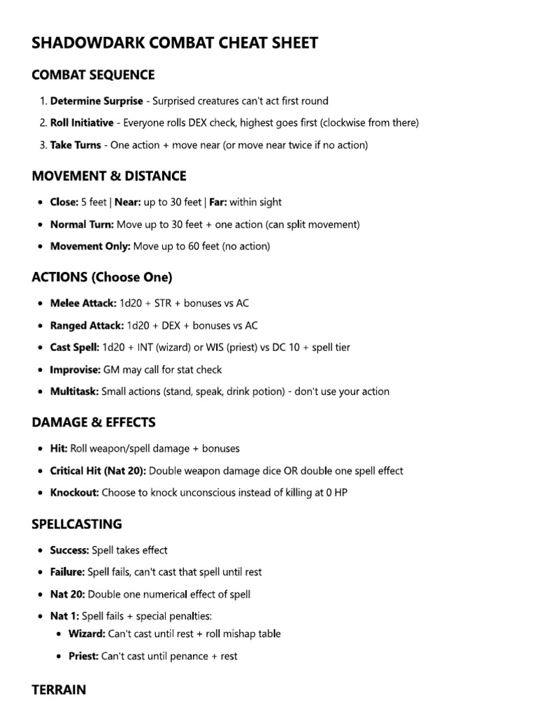 Shadowdark Cheat Sheet XX | PDF