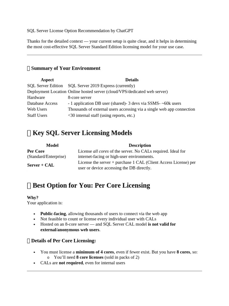 SQL Server License Option Recommendation by ChatGPT | PDF | Microsoft ...