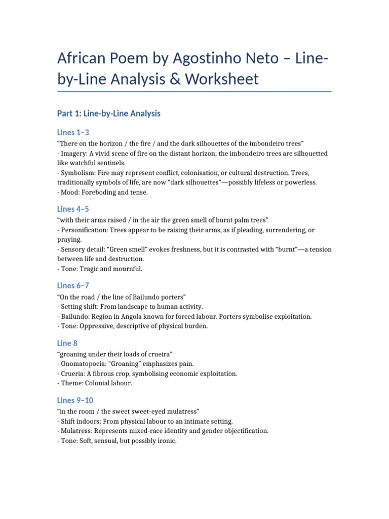 African Poem Neto Analysis and Worksheet | PDF | Poetry