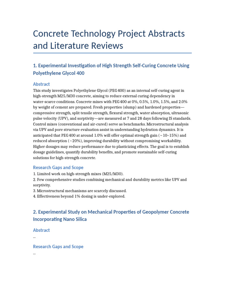 Concrete Technology Projects Abstracts | PDF | Concrete | Cement